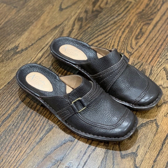 Clarks | Shoes | Like New Womens Clarks Leather Heeled Mules Brown Size ...